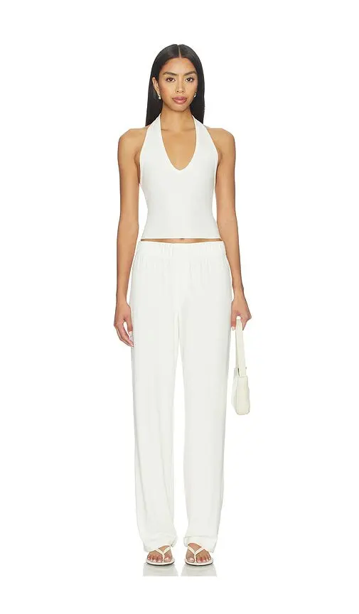 Eterne Cropped Halter Top In Ribbed Knit - Cream