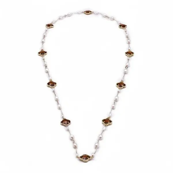 ANGEL BAROCCO Long Pearl Necklace With Clover Motifs - White/brown