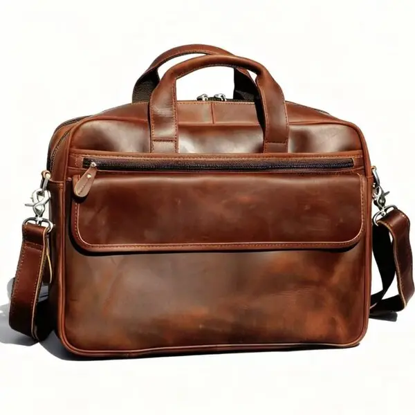 TOURI Genuine Leather Briefcase With Laptop Compartment - Brown