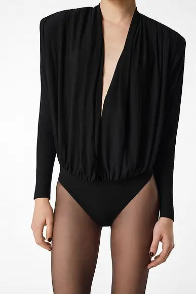 Revolve Bodysuit With Plunging Neckline And Padded Shoulders