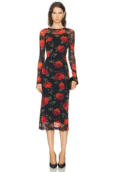 Carolina Herrera Long Sleeve Floral Print Midi Dress