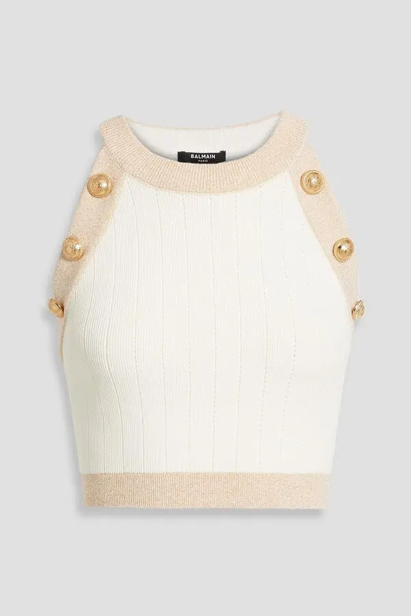 Balmain Cropped Metallic Stretch-knit Top With Embellished Buttons - Ivory