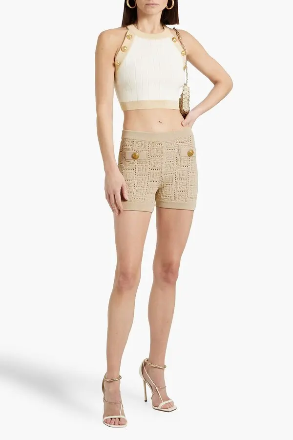 Balmain Cropped Metallic Stretch-knit Top With Embellished Buttons