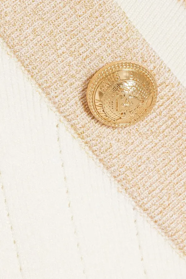 Balmain Cropped Metallic Stretch-knit Top With Embellished Buttons