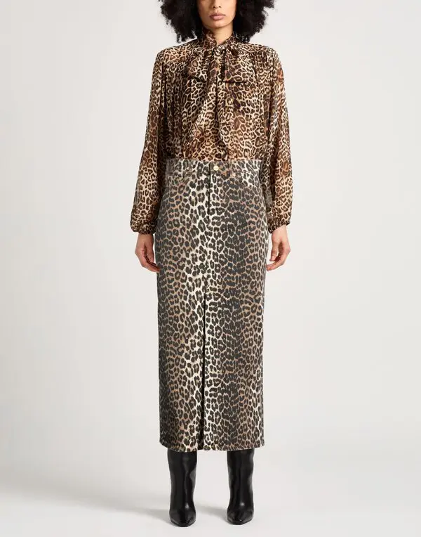 GANNI Leopard Print Denim Skirt - Beige
