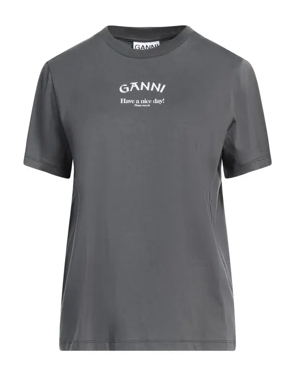 GANNI Cotton Jersey T-shirt With Logo Print - Grey