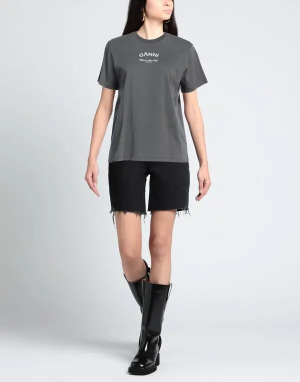 GANNI Cotton Jersey T-shirt With Logo Print - Grey