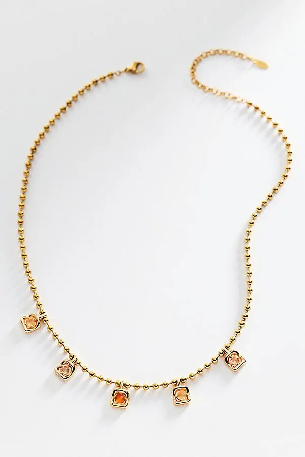 Anthropologie Staggered Bezel Gem Necklace - Peach