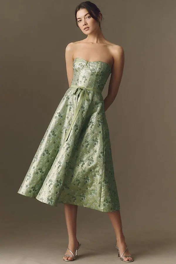 V. CHAPMAN Strapless Corset Midi Dress - Green Floral