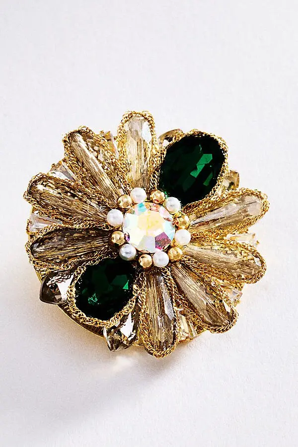 BLOSSOM BOX Green & Crystal Floral Brooch - Emerald/gold
