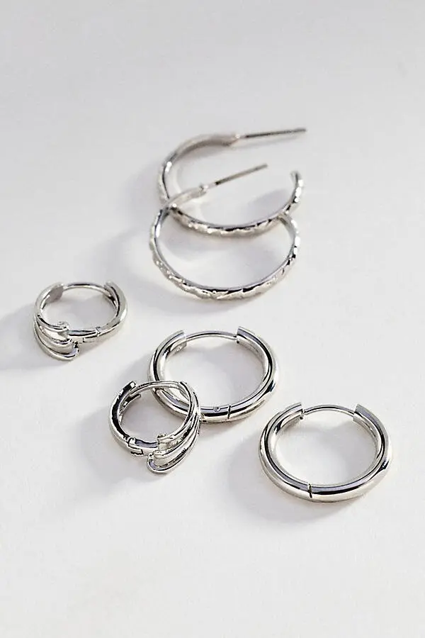Anthropologie Textured Hoop Earrings, Set Of 3 - Silver