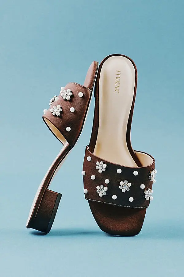 Maeve Embellished Satin Slide Sandals - Brown