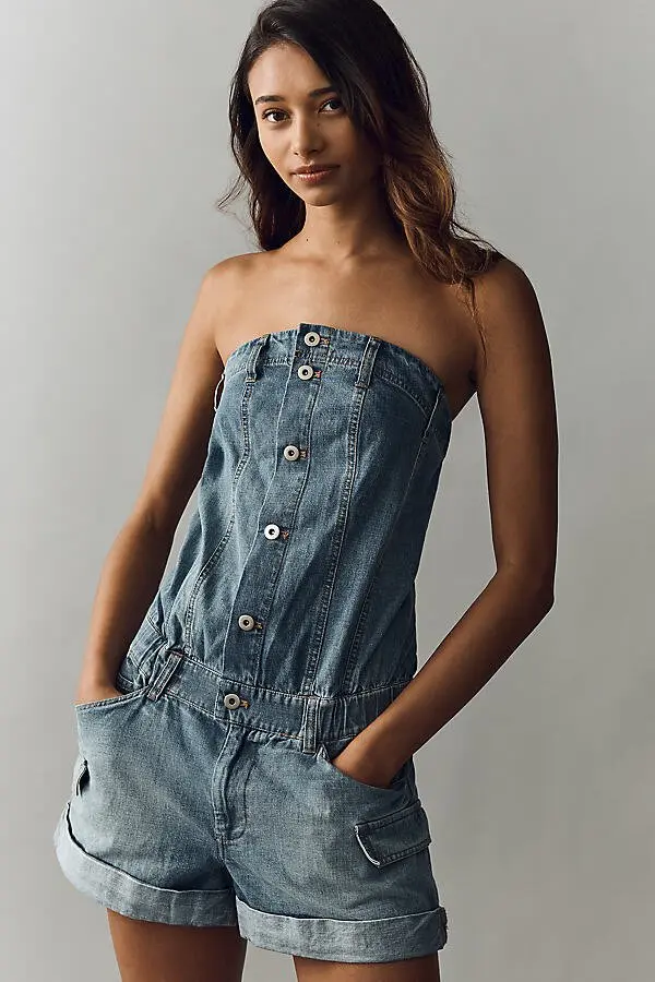 PILCRO Strapless Button-front Denim Romper - Light Denim