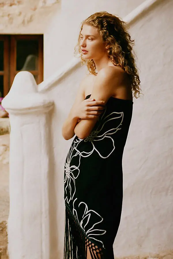 CELANDINE Asymmetrical T-shirt Dress With Fringe Hem - Black Pattern