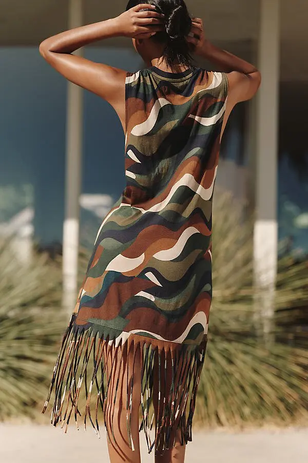CELANDINE Knit Fringe Mini Dress - Brown Pattern