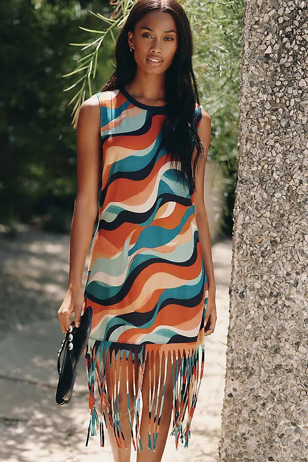 CELANDINE Knit Fringe Mini Dress - Orange Pattern