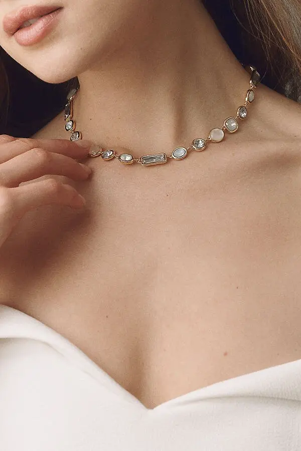 Anthropologie Mixed Stone Bezel Necklace - Gold