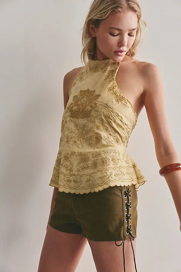 Free People We The Free Vegan Suede Micro Shorts With Lace-up Detail - Beech Leaves