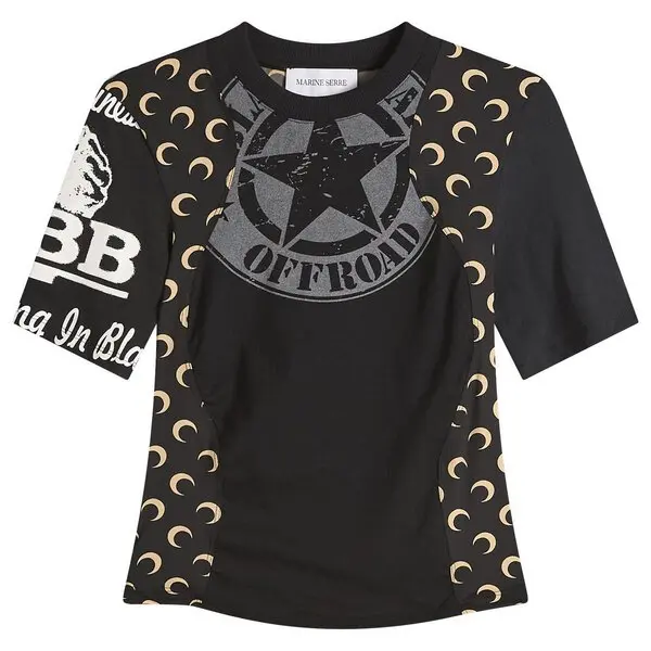 MARINE SERRE Baby Fit T-shirt With Graphic And Crescent Moon Inserts - Black/inverse Tan