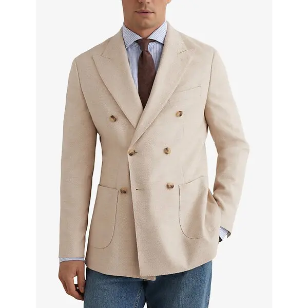 REISS Manci Double-breasted Woven Blazer - Stone