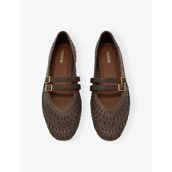 REISS Elizabeth Leather And Raffia Ballet Flats - Chocolate