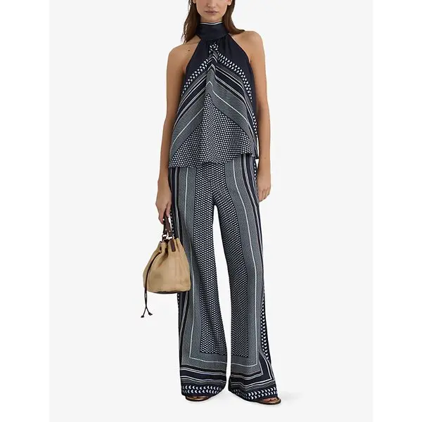 REISS Scarf-print Wide Leg Trousers - Navy