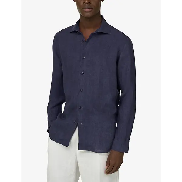 Boggi Milano Garment-washed Regular-fit Linen Shirt Xxl - Navy Blue