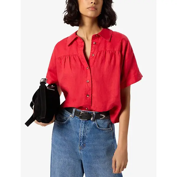 Whistles Short-sleeved Gathered Yoke Linen Shirt