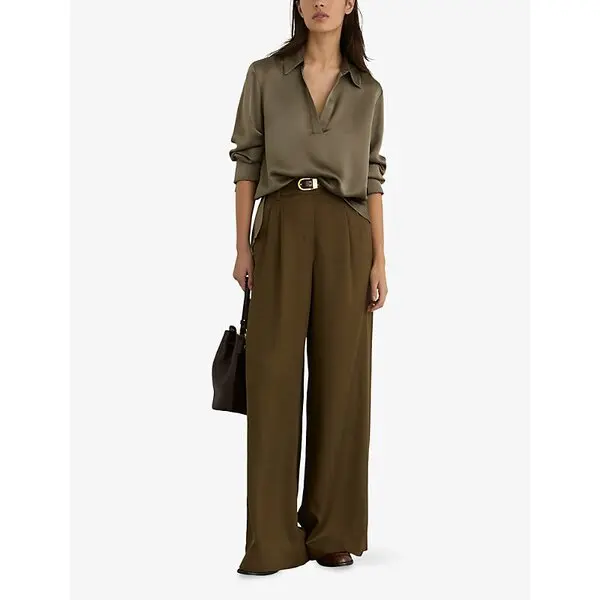 REISS Marina Open-collar Silk Blouse - Khaki Green