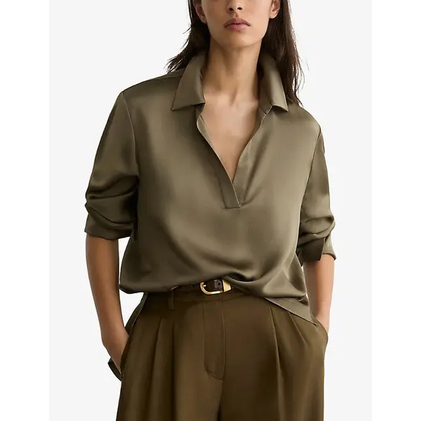 REISS Marina Open-collar Silk Blouse - Khaki Green