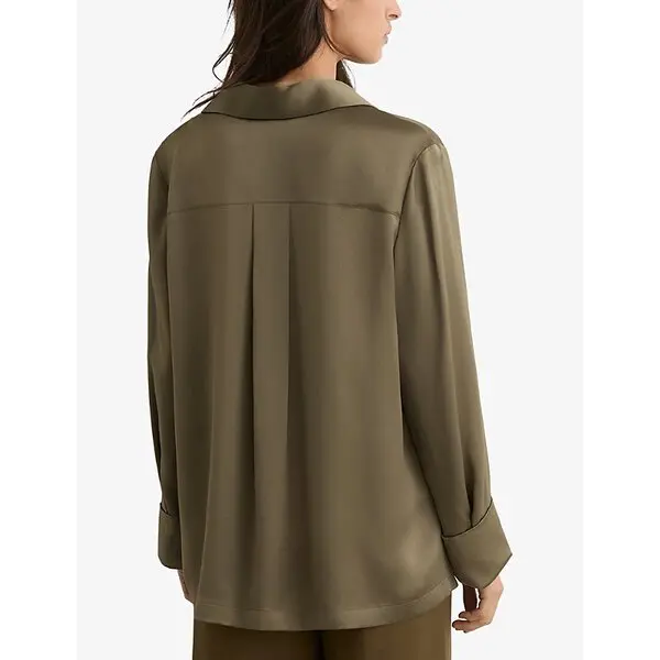 REISS Marina Open-collar Silk Blouse - Khaki Green
