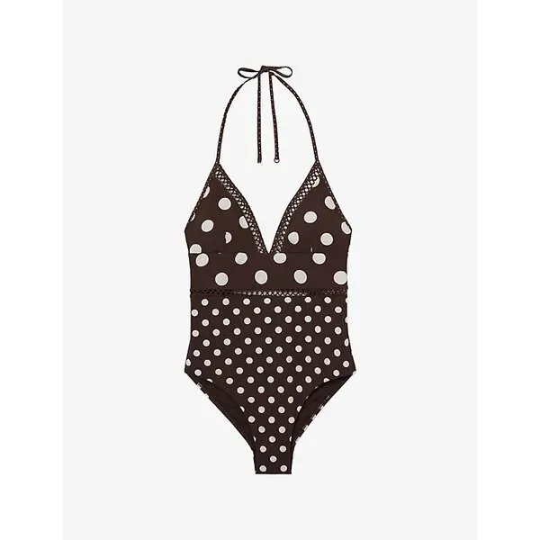 REISS Ray Polka-dot Halterneck Swimsuit - Chocolate Brown Ivory