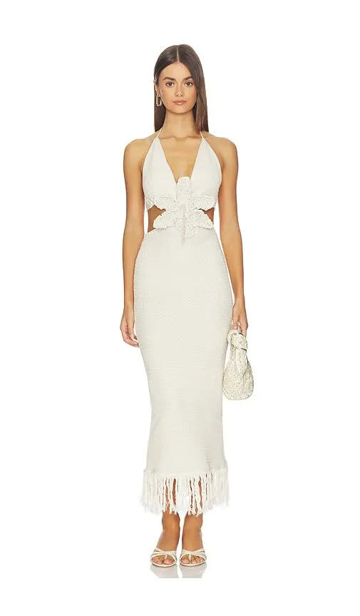 CAPITTANA Nuriel Dress Heavyweight Metallic Knit With Floral Accent And Fringed Hem - Ivory