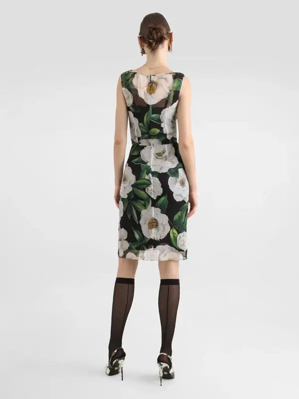Dolce & Gabbana Gardenia Print Chiffon Midi Dress - Black