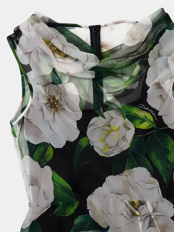 Dolce & Gabbana Gardenia Print Chiffon Midi Dress - Black