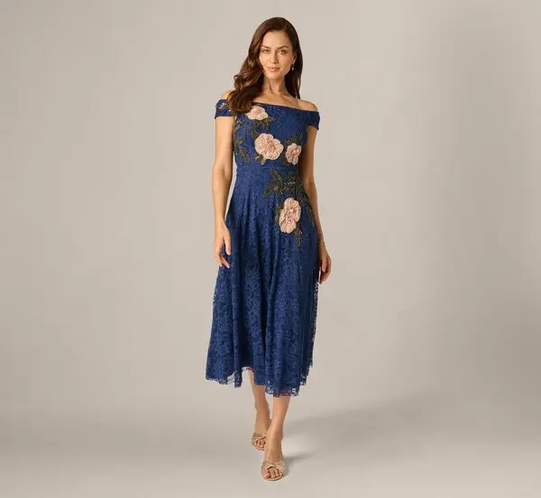 Adrianna Papell Off-the-shoulder Beaded Lace Midi Dress - Navy/blush