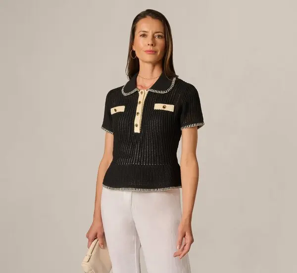 Adrianna Papell Open Knit Whipstitch Polo Sweater - Black/cream