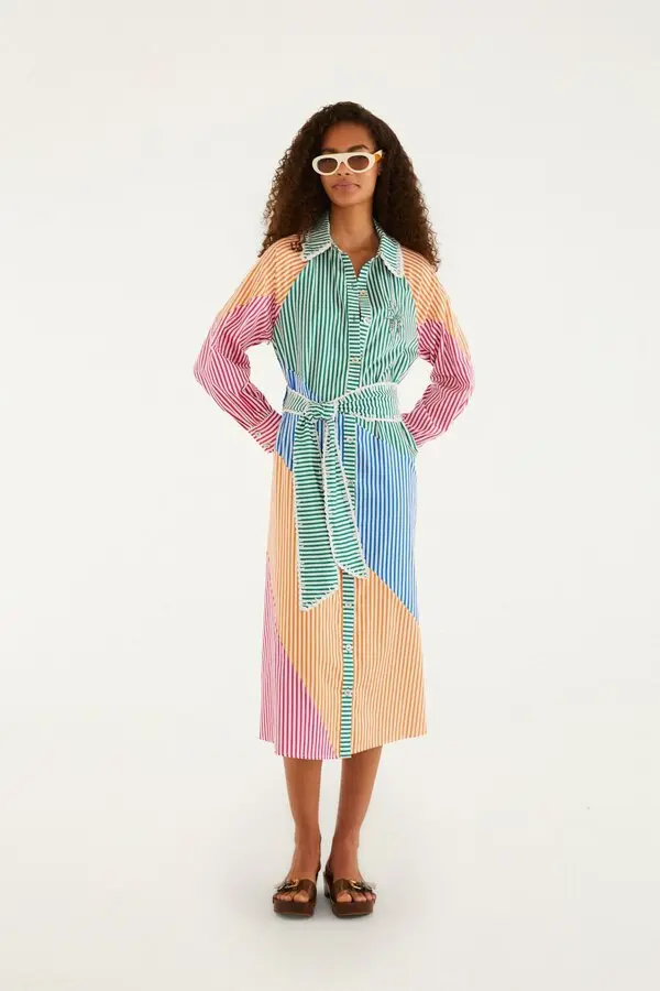 Farm Rio Color Stripes Embroidered Belted Organic Cotton Midi Dress - Multi