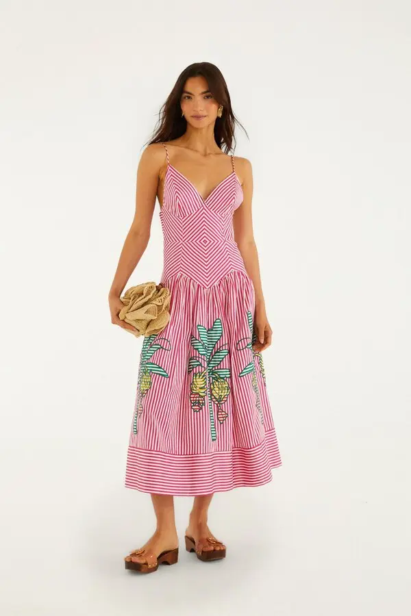 Farm Rio Pink Palm Tree Striped Midi Dress