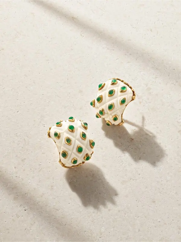 ELEUTERI Buccellati Vintage 1960s 18k Gold Emerald And Bone Clip-on Earrings - Green