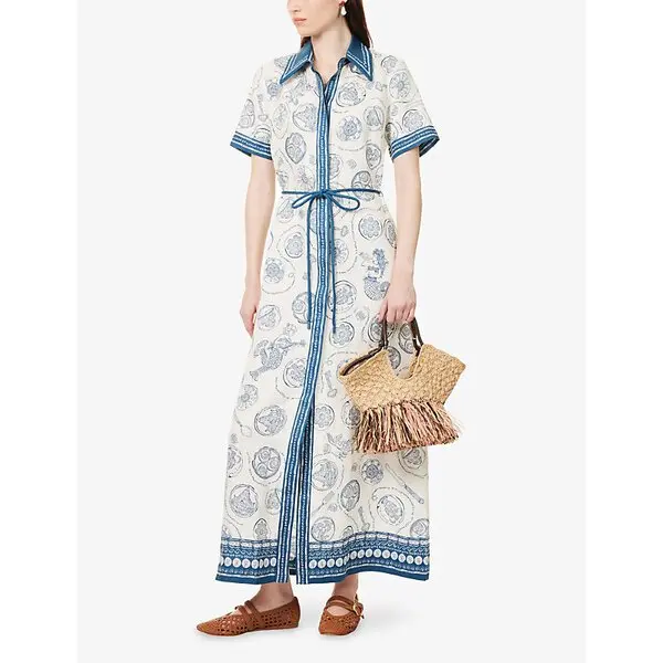 ALEMAIS Linen Graphic Print Midi Shirt Dress