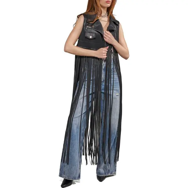 AZALEA WANG Arden Fringe Faux Leather Vest