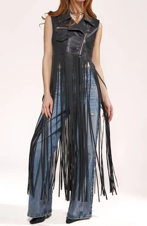 AZALEA WANG Arden Fringe Faux Leather Vest