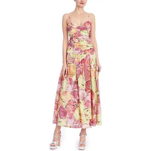 Badgley Mischka Floral Print Ruched Midi Dress - Pink Multi