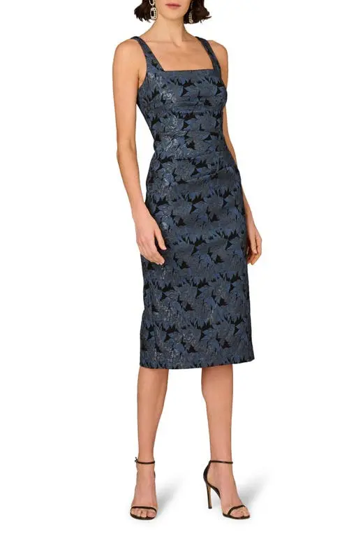 Aidan Mattox Metallic Floral Jacquard Square Neck Midi Dress