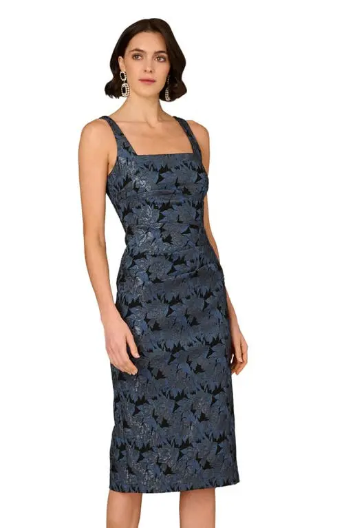 Aidan Mattox Metallic Floral Jacquard Square Neck Midi Dress