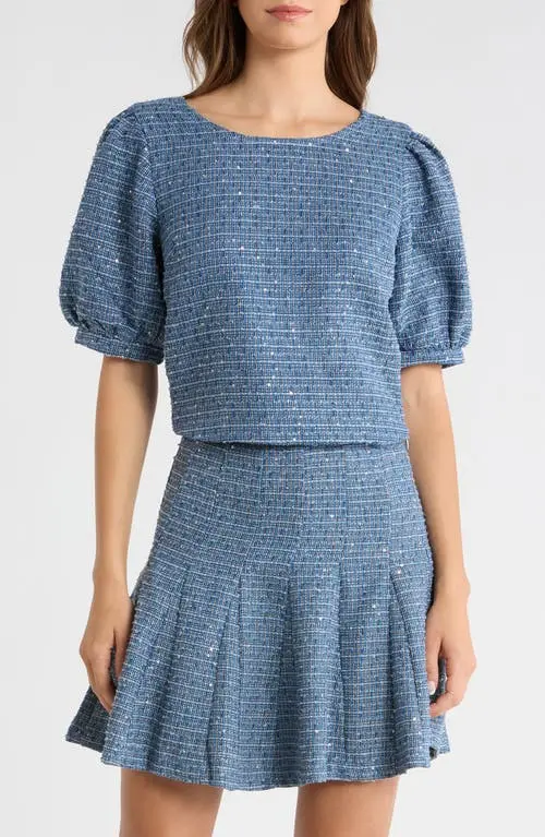 SUGARLIPS Crop Puff Sleeve Tweed Top - Blue