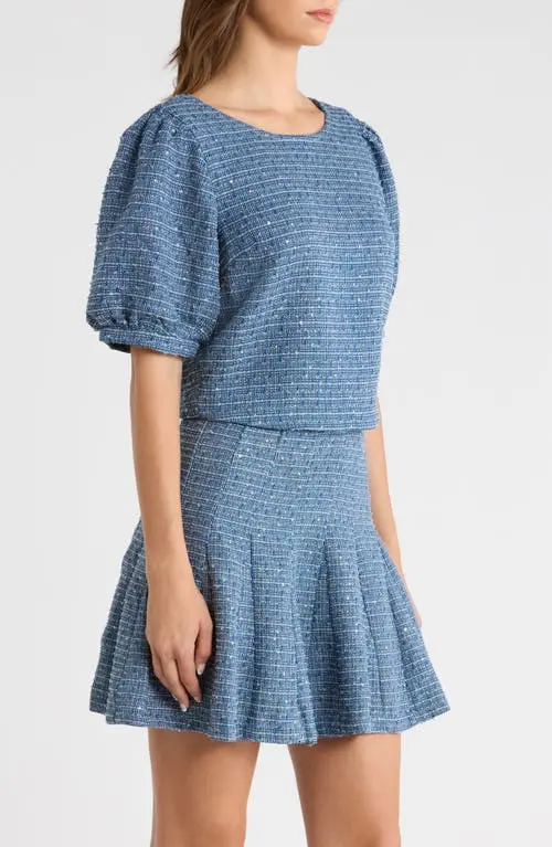 SUGARLIPS Crop Puff Sleeve Tweed Top - Blue