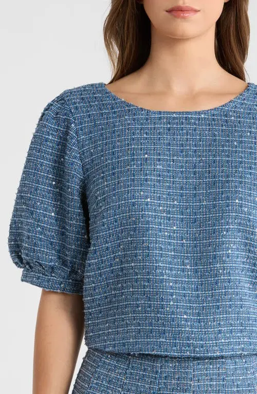 SUGARLIPS Crop Puff Sleeve Tweed Top - Blue
