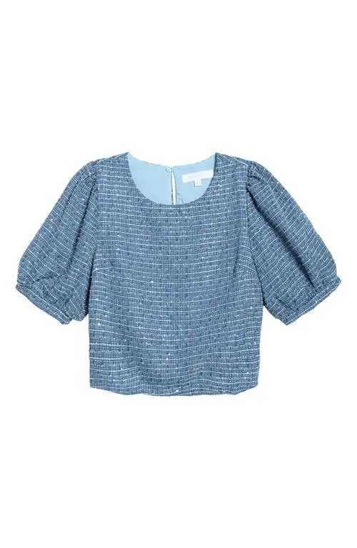 SUGARLIPS Crop Puff Sleeve Tweed Top - Blue
